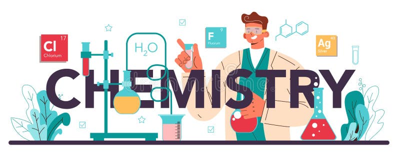 Chemistry Typographic Header. Chemistry Scientist Doing an Experiment ...