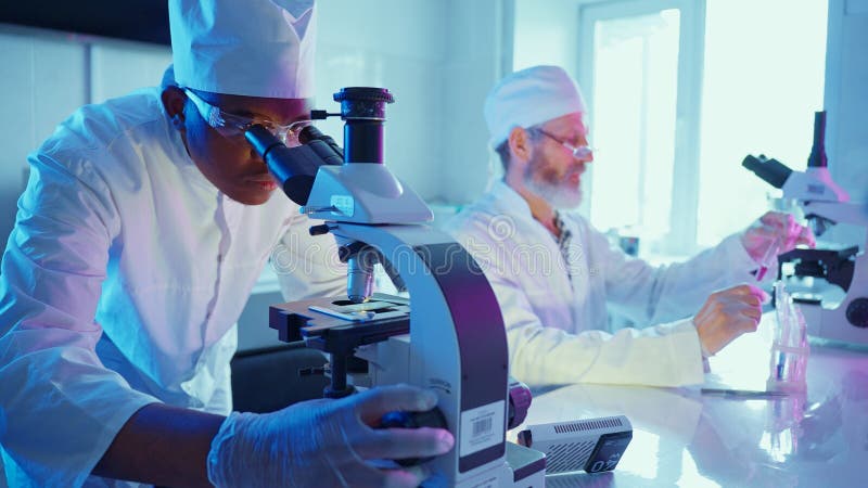 Chemists Analyzing Chemical Compounds in Advanced Laboratory with Neon ...