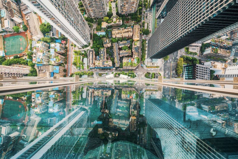 Chengdu High Angle Top View from a Skyscraper Rooftop with Reflections ...