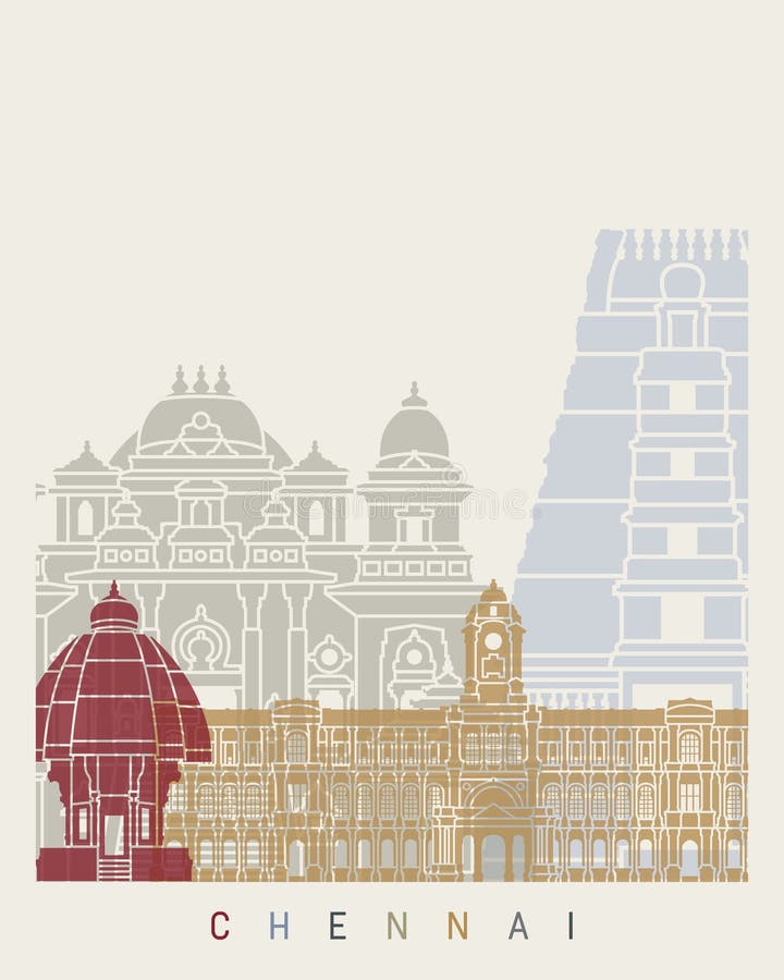 Chennai Skyline, India Vintage Vector Illustration, Hand Drawn Temples ...