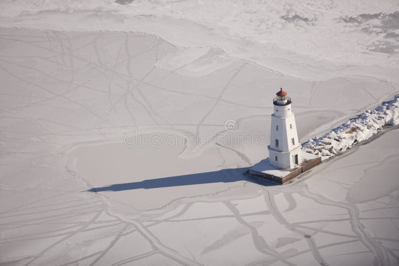 Chequamegon Bay Light House in Winter Stock Photo - Image of house ...