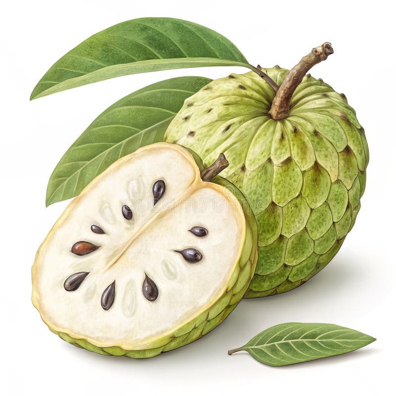 Cherimoya Illustration Halved and Whole, Botanical Render, Tropical ...