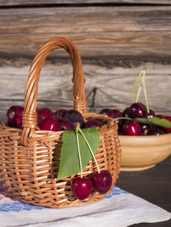 Cherries in a Basket in the Bright Morning Light Stock Photo - Image of ...