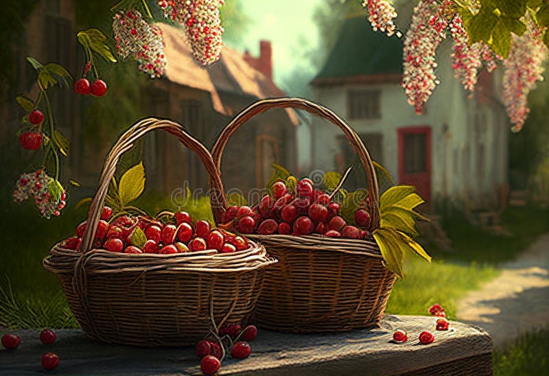 Cherries in Baskets Near Cherry Tree. AI Generated Stock Illustration ...