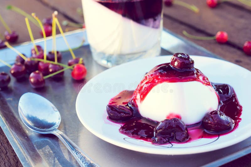 Cherries Jelly on Panna Cotta Stock Photo - Image of mint, cherry: 41413176