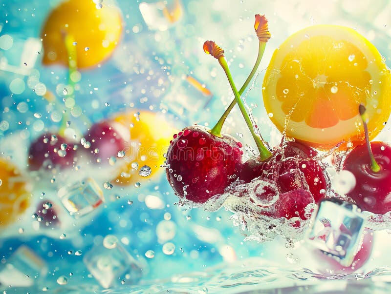 Cherries, Lemons and Ice in Water Stock Image - Image of cube, liquid ...