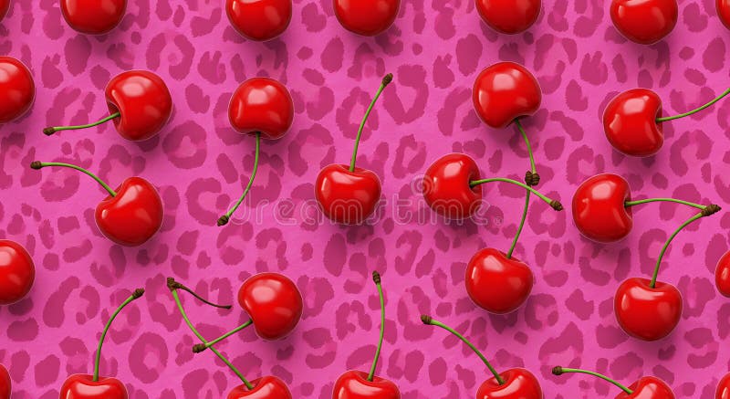 Cherries Pattern on Pink Animal Print Background Design Stock ...