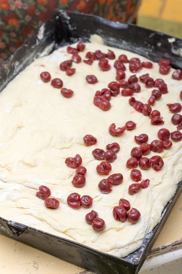 Cherries on the Prepared Dough Ready for Baking Stock Photo - Image of ...