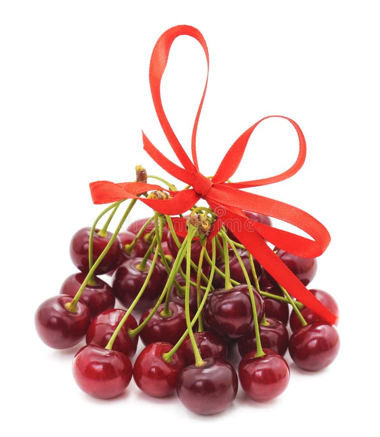 Cherries with a ribbon stock photo. Image of group, eating - 148853312