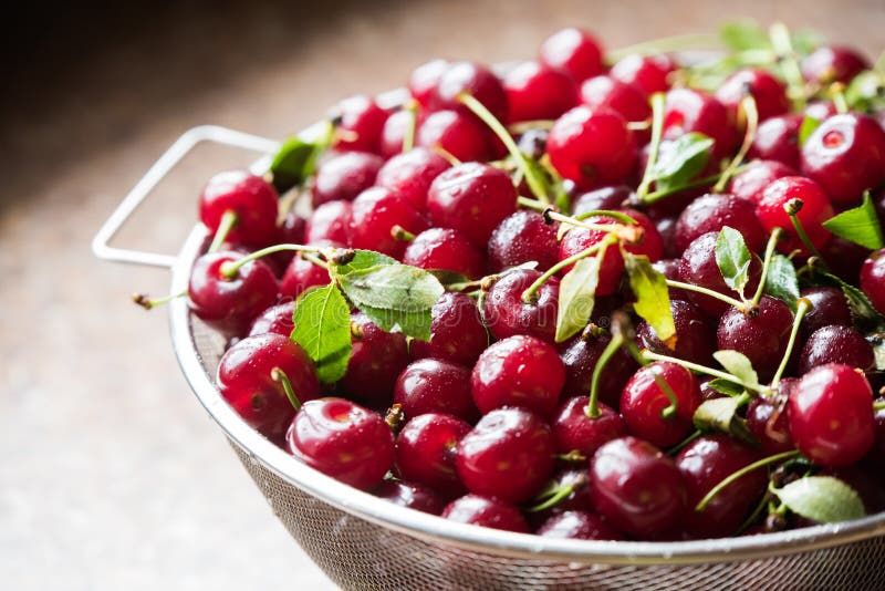 Cherries in a Steel Sieve. Top View, Texture Stock Image - Image of ...
