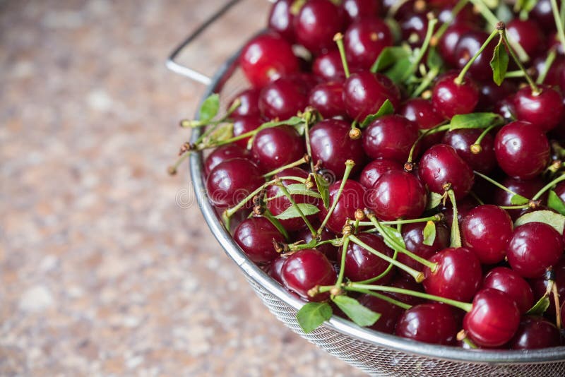 Cherries in a Steel Sieve. Top View, Texture Stock Image - Image of ...
