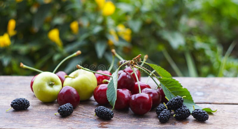 Cherries and Various Fruits on the Board Stock Image - Image of peach ...