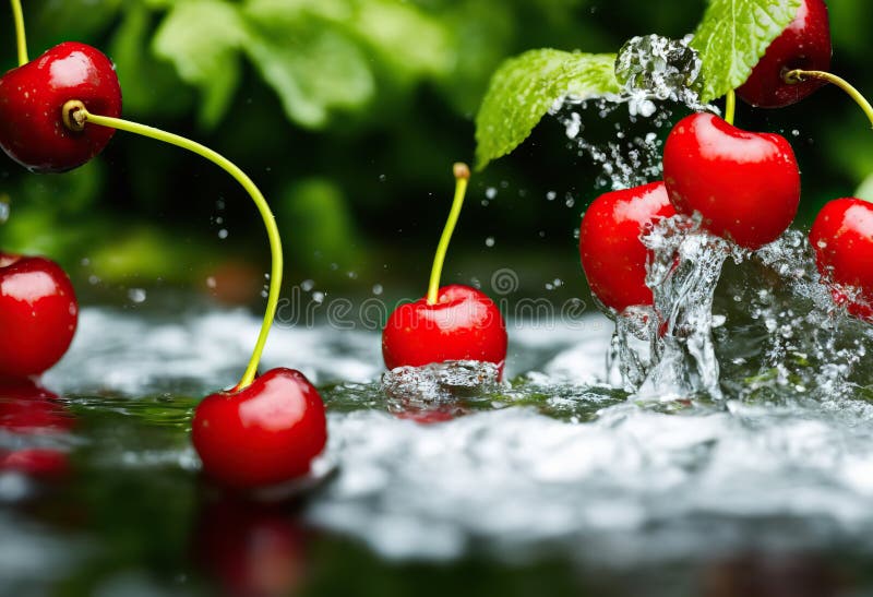 Cherries with Water Splashed with a Stream of Water Stock Image - Image ...