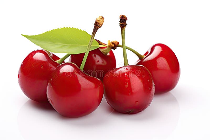 Five Ripe Cherries Close-up with Stems and Leaf Isolated. Stock ...