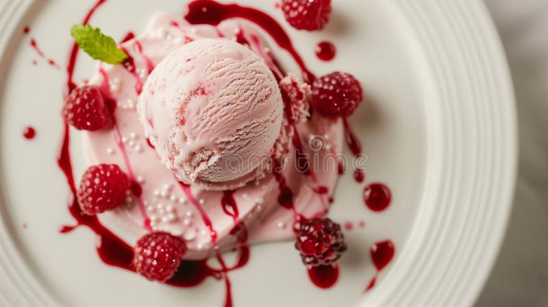Cherry Ball Ice Cream with Striped Sauce and Berry Stock Image - Image ...