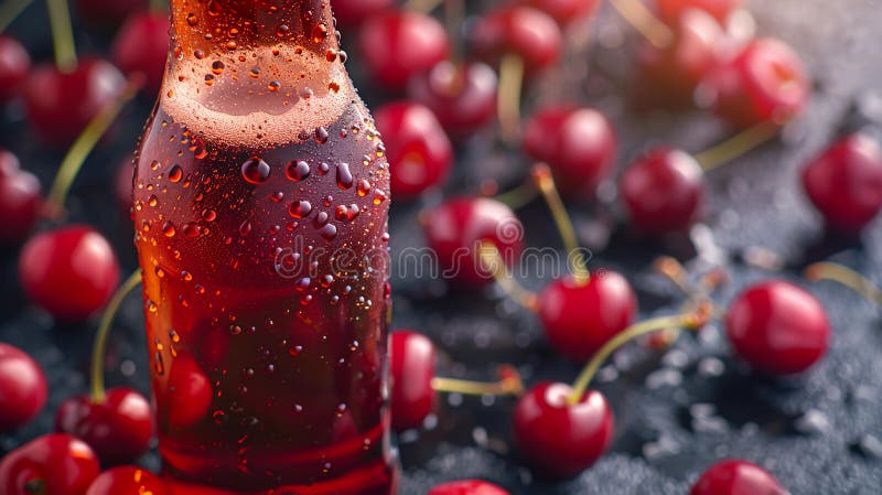 Cherry Beer Bottle with among Scattered Cherries on a Slate Surface ...