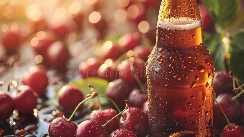 Cherry Beer Bottle with among Scattered Cherries on a Slate Surface ...