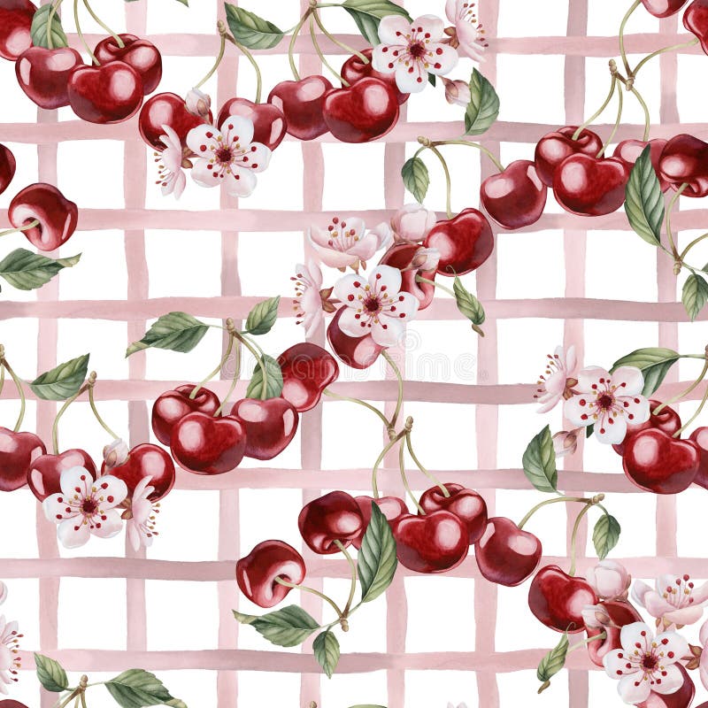 Cherry Berries with Flowers and Leaves, Watercolor Red Checkered ...
