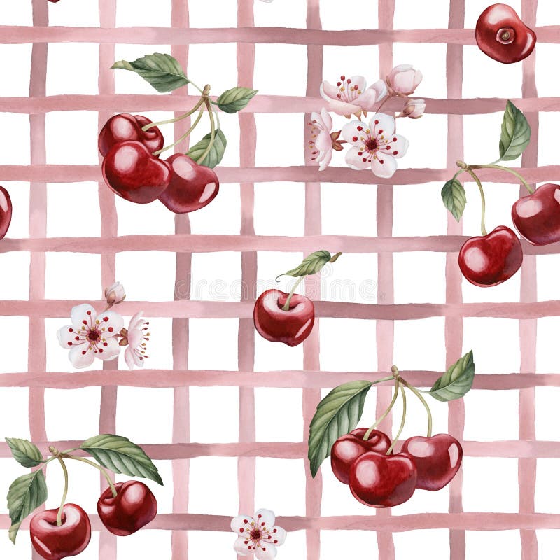 Cherry Berries with Flowers and Leaves, Watercolor Red Checkered ...