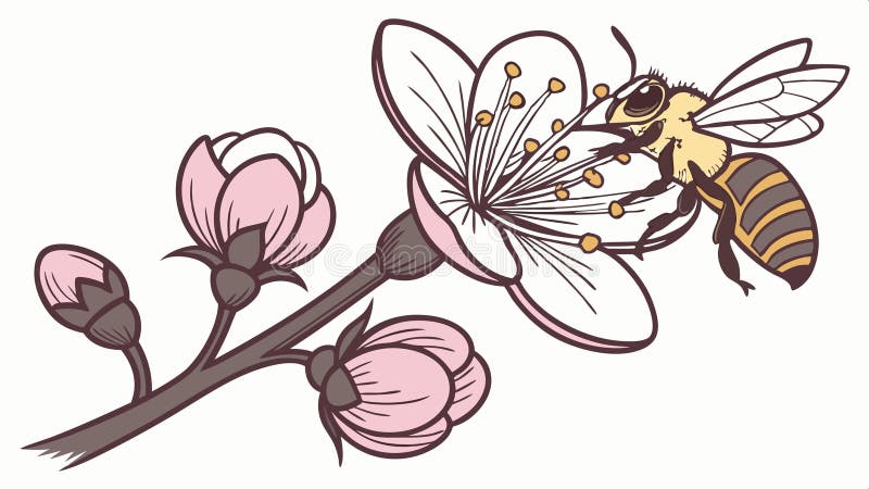 Cherry Blossom Bee Vector, Spring Nature and Pollination Design Illustration Vector Design ...