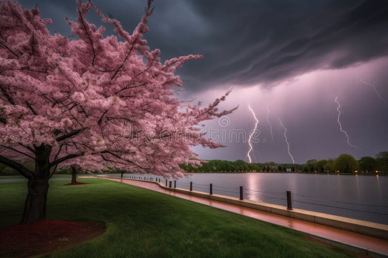 Cherry Blossom Blooms in Rainstorm, with Dramatic Clouds and Lightning ...