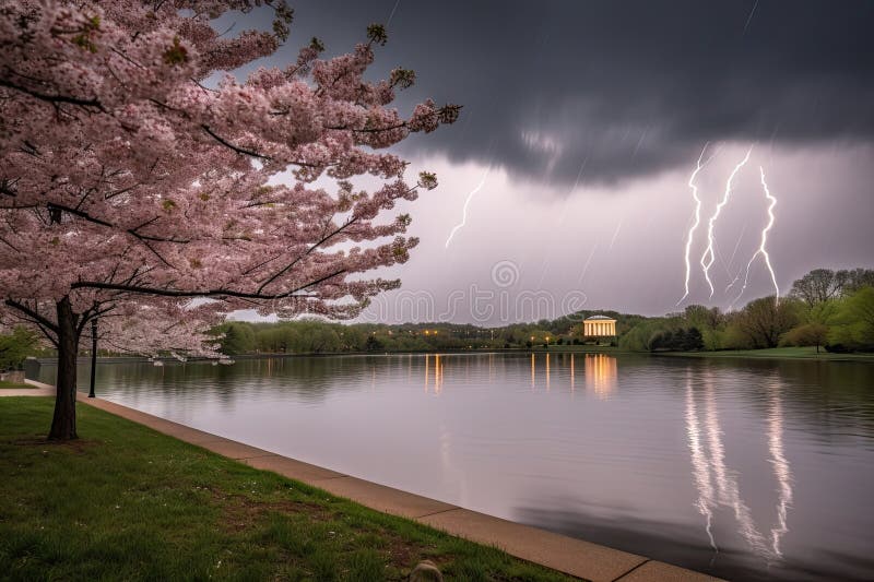 Cherry Blossom Blooms in Rainstorm, with Dramatic Clouds and Lightning ...