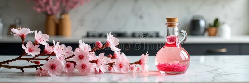 Cherry Blossom Branch Glass Bottle Marble Counter Modern Kitchen Stock ...