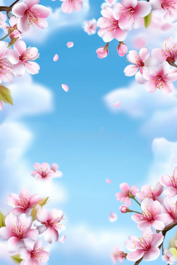 Cherry Blossom Branches Framing Blue Sky with Clouds and Falling Petals ...