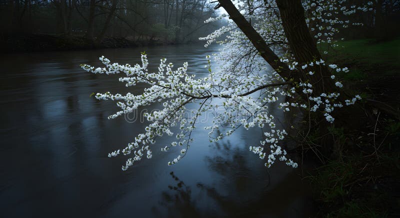 Cherry Blossom Branches Reach Over a Tranquil River in Early Spring ...