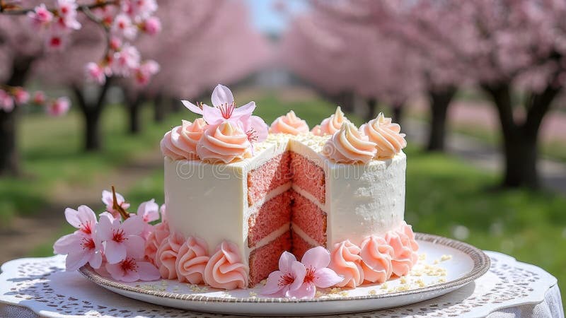 Cherry Blossom Cake with Floral Decorations in a Blooming Orchard Stock ...