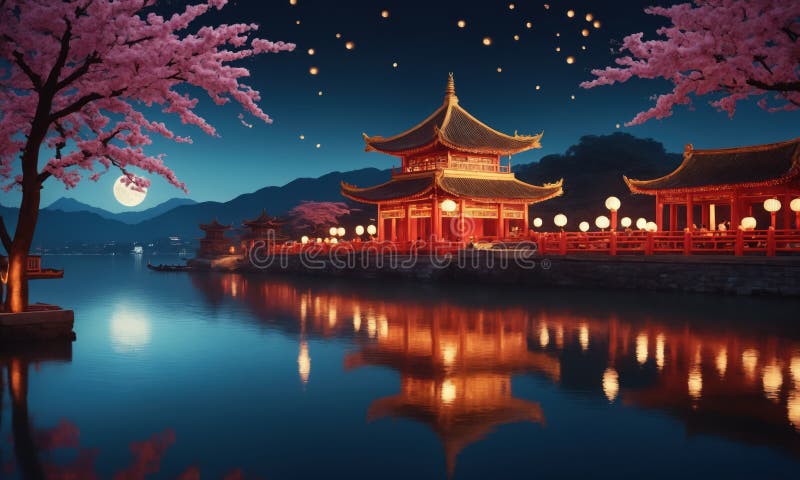 Cherry Blossom and Chinese Temple at Night with Moonlight. Stock ...