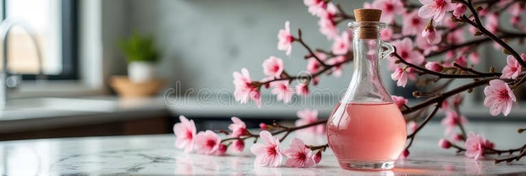 Cherry Blossom Elixir Bottle on Marble Counter with Branches and Blooms Stock Image - Image of ...