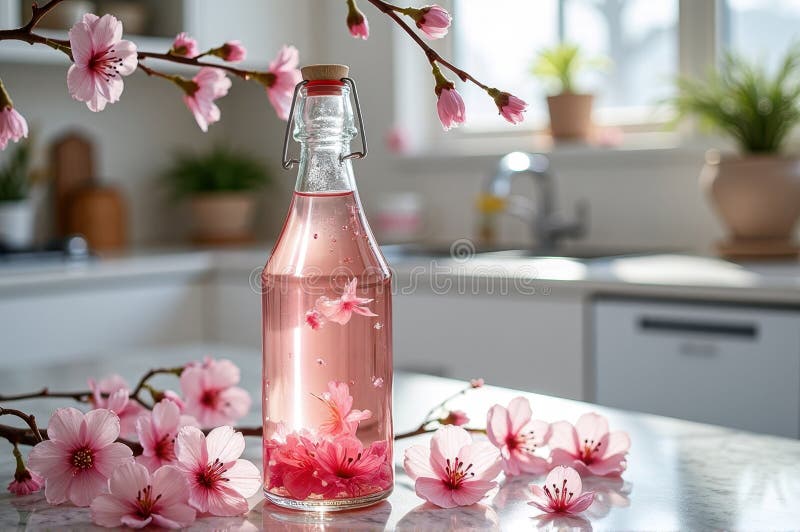 Cherry Blossom Elixir in Sunlit Kitchen with Pink Flowers and Glass Bottle Stock Photo - Image ...