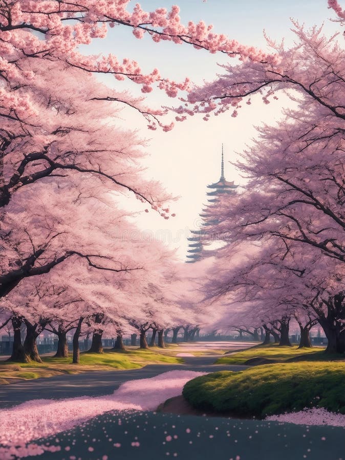 Cherry Blossom Field in Tokyo, Generative AI Illustration Stock ...