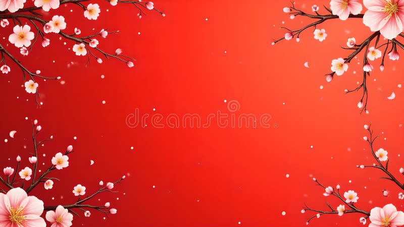 Cherry Blossom Flowers Frame on Red Background. Concept of Spring ...