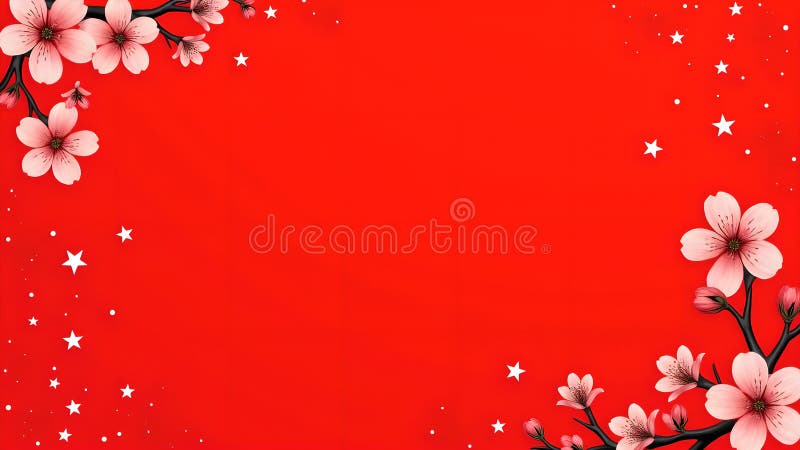 Cherry Blossom Flowers Frame on Red Background. Spring Concept Stock ...