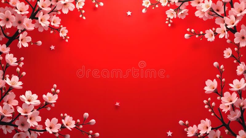 Cherry Blossom Frame on Red Background. Concept of Spring, Celebration ...