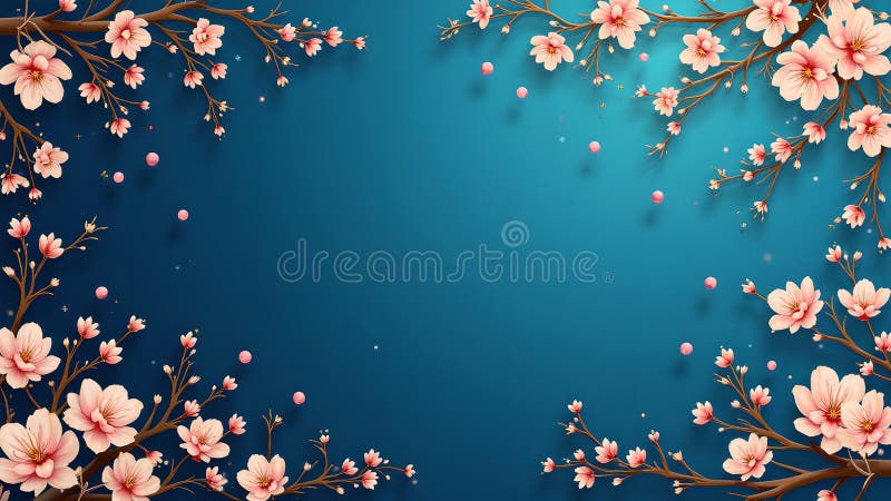 Cherry Blossom Frame on Teal Background. Spring Floral Design Concept ...
