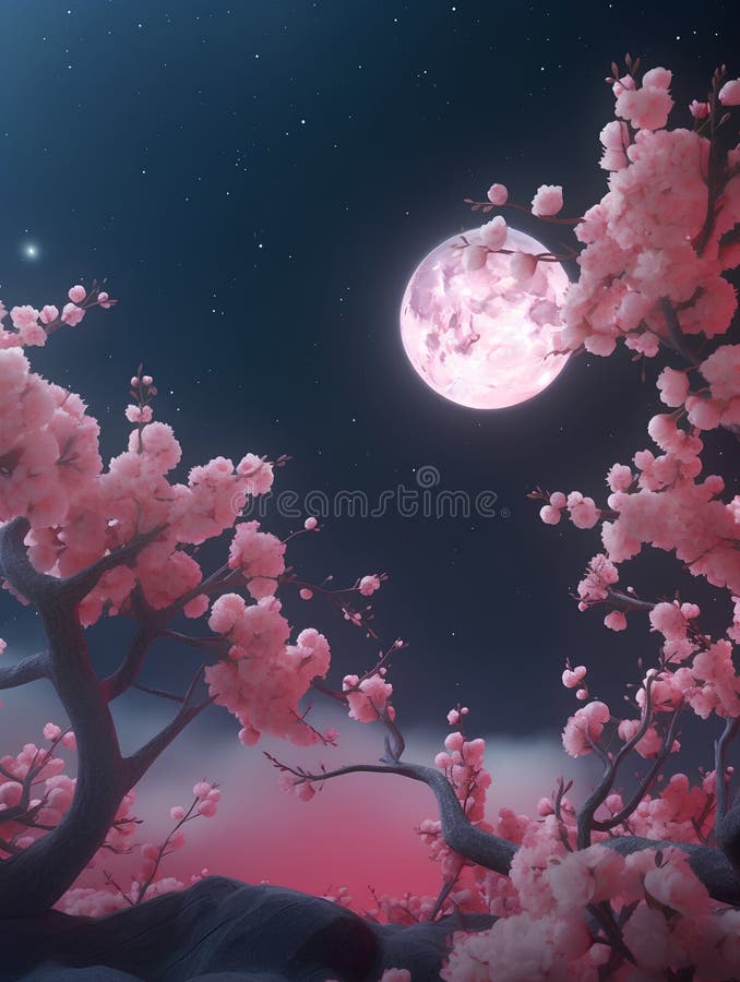 Cherry Blossom and Full Moon in Night Sky, 3d Render Stock Illustration ...