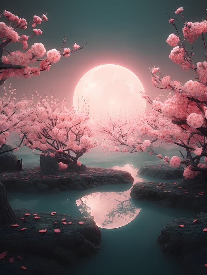 Cherry Blossom and Full Moon in the Night,3d Render Stock Illustration ...