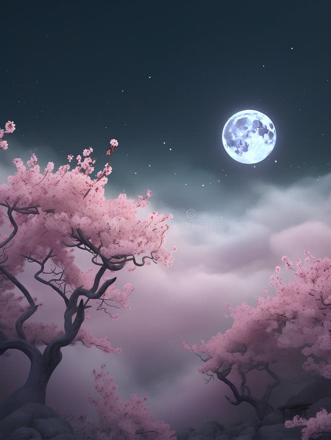Cherry Blossom and Full Moon in Night Sky, 3d Render Stock Illustration ...
