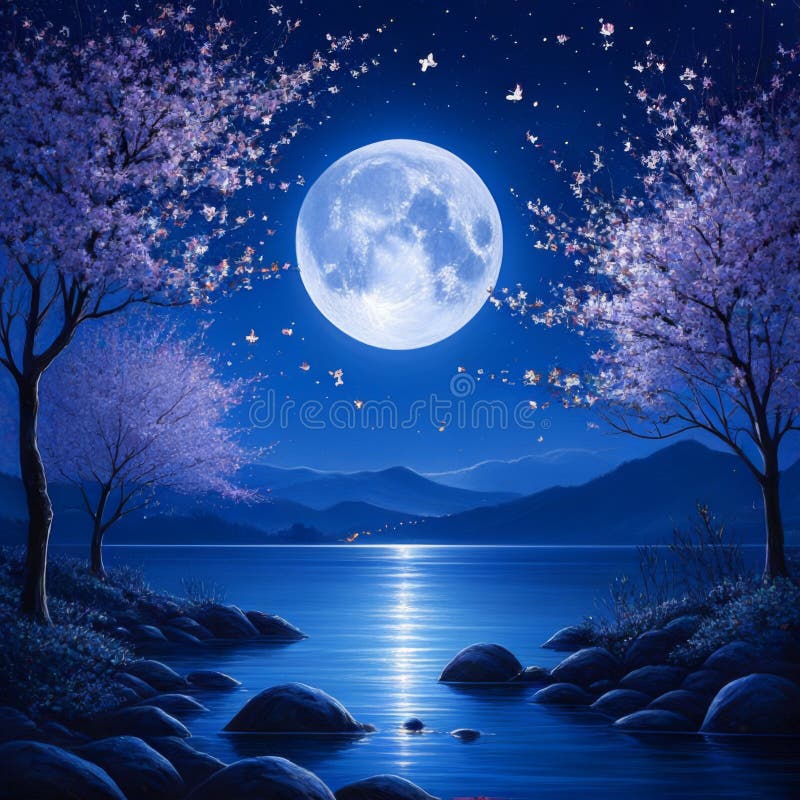 Cherry Blossom and Full Moon in the Night Sky with Stars Stock ...