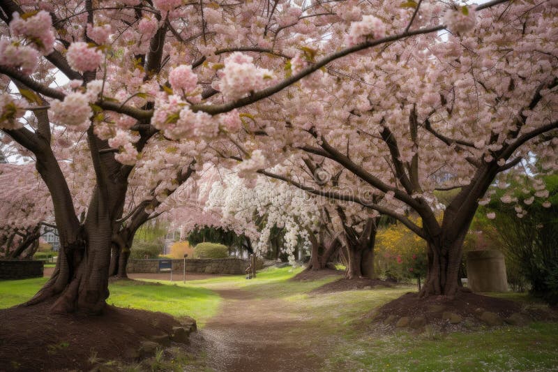 Cherry Blossom Garden, with Blooms of Various Sizes and Colors Stock ...