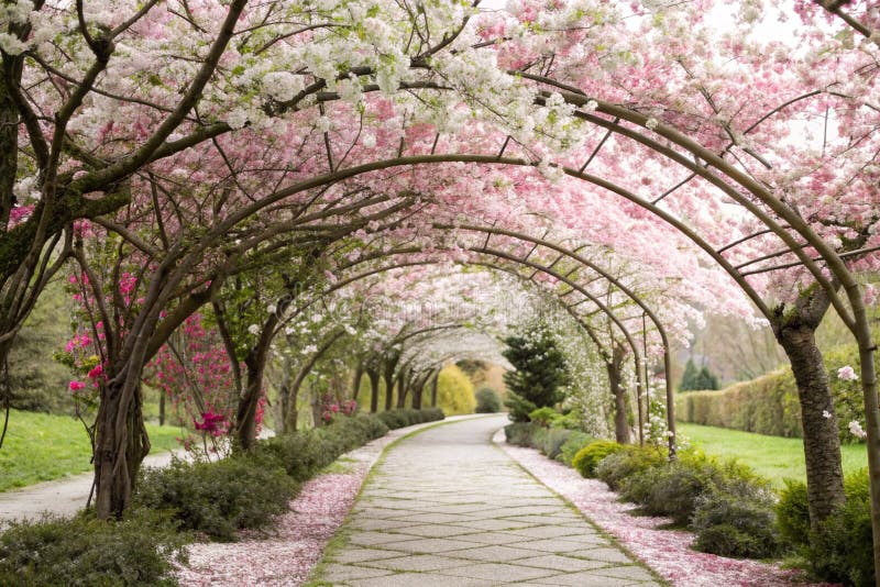 Cherry blossom garden path stock illustration. Illustration of ...