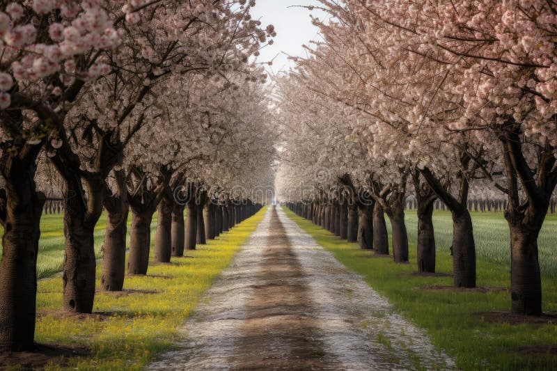 Cherry Blossom Garden, with Rows of Cherry Trees in Full Bloom Stock ...