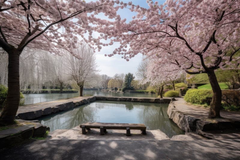 Cherry Blossom Garden with View of Tranquil Lake Stock Illustration ...