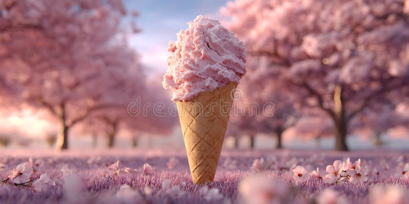 Cherry Blossom Ice Cream Cone in Dreamy Spring Scene Stock Illustration ...