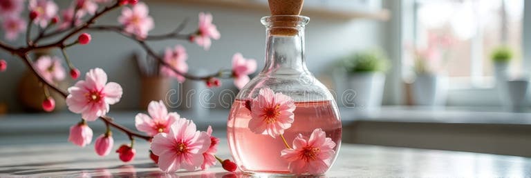 Cherry Blossom Infused Elixir in Sunlit Kitchen Setting Stock Image - Image of bottle, serene ...