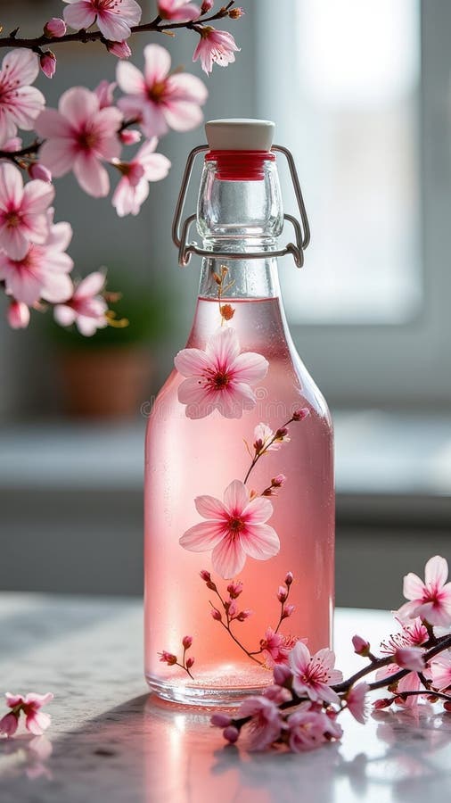 Cherry Blossom Infused Spring Water Elegant Glass Bottle Marble Surface ...