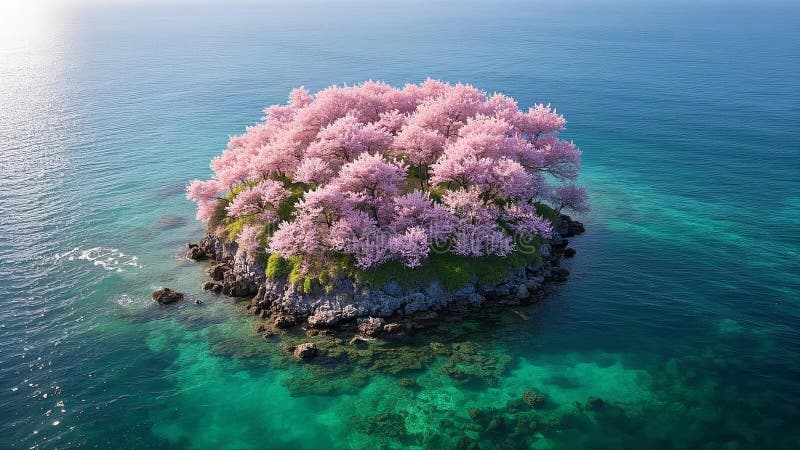 Cherry Blossom Island on the Sea in Spring Stock Illustration ...